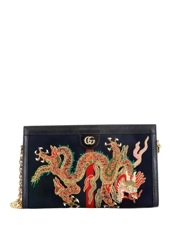 Gucci Ophidia Chain Embroidered Suede Medium Shoulder Bag - Blue