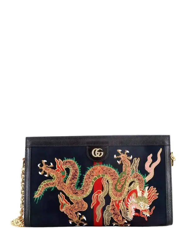 Gucci Ophidia Chain Embroidered Suede Medium Shoulder Bag - Blue