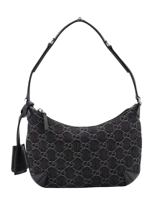 Gucci Horsebit Slim Gg Denim Shoulder Bag With Leather Accents - Black