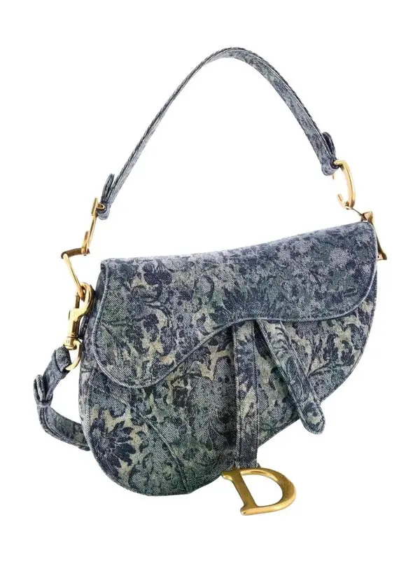 Dior Saddle Handbag In Printed Denim - Blue