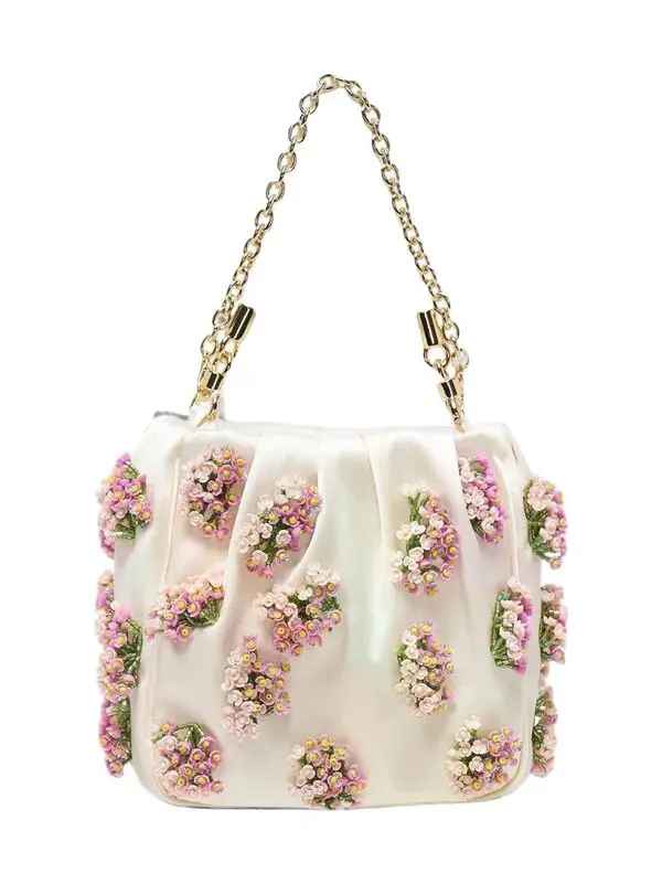 SELF-PORTRAIT Floral Beaded Ruched Shoulder Bag - Neutrals