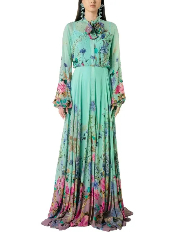 MIAU BY CLARA ROTESCU Aqua Floral Print Pussy-bow Maxi Dress - Blue
