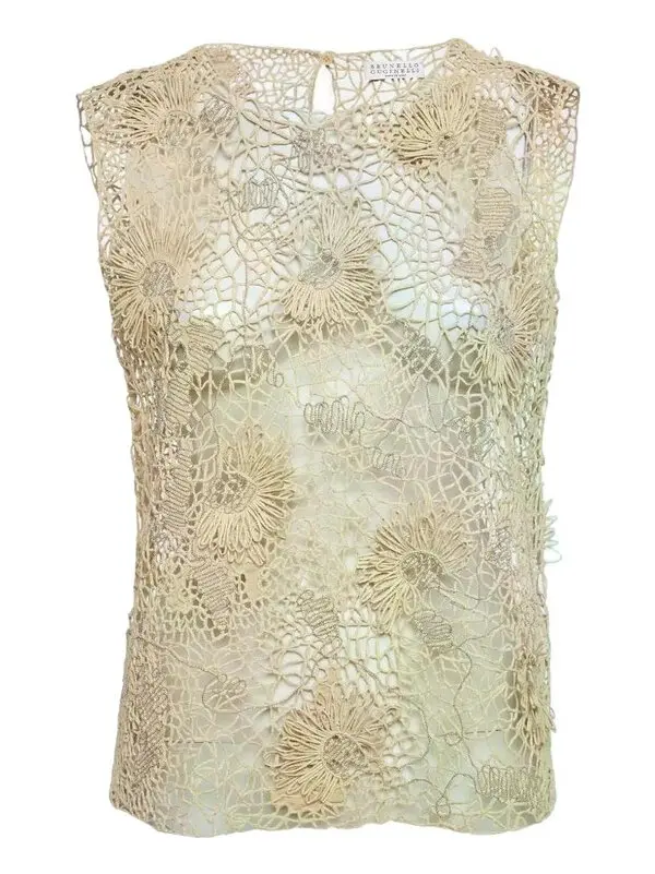 Brunello Cucinelli Monili Crochet Floral Appliqué Top - Neutrals