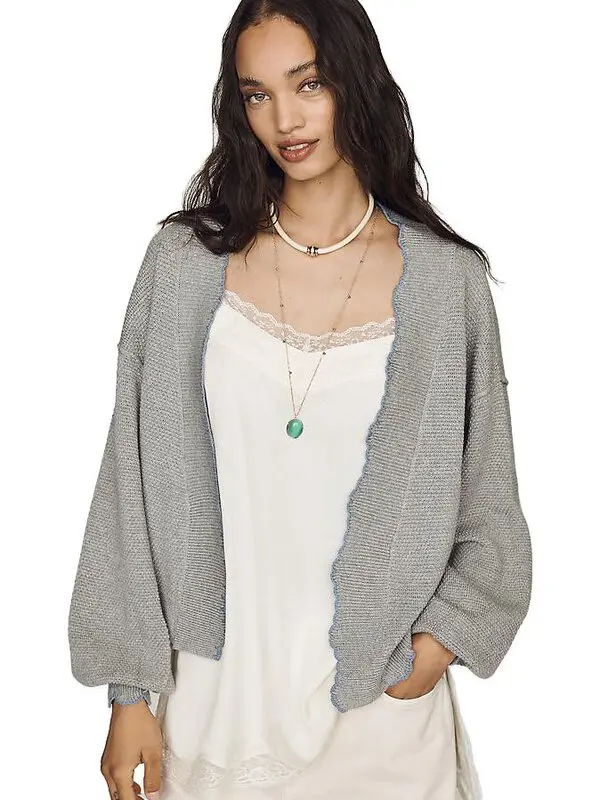 Anthropologie Waffle-knit Scalloped Cardigan - Grey
