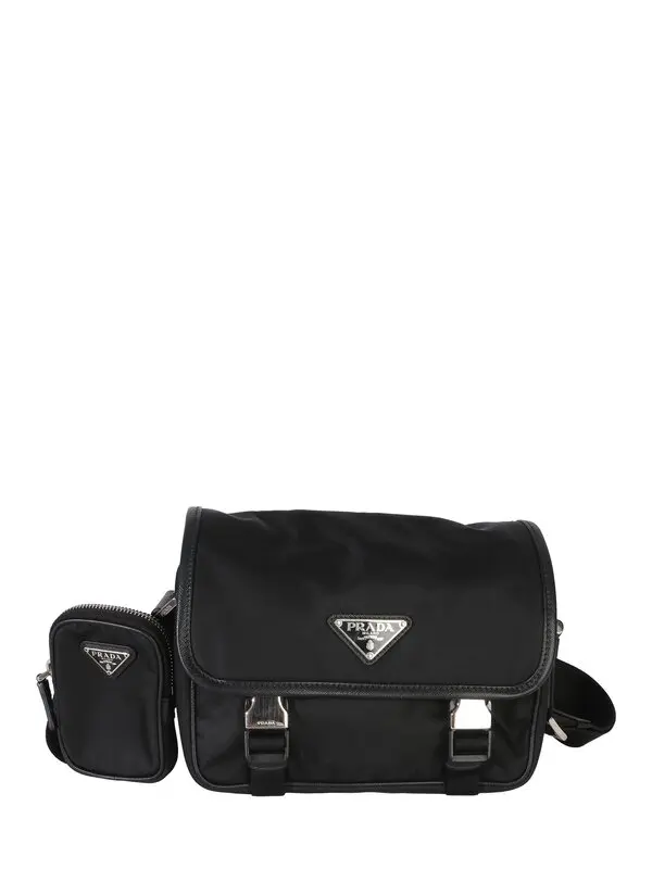 Prada Tessuto Saffiano Double Buckle Messenger Bag - Black