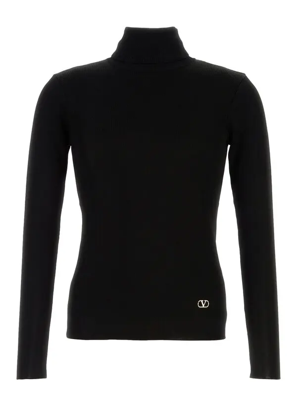 Valentino Garavani Ribbed Viscose Turtleneck With Vlogo Signature Detail - Black