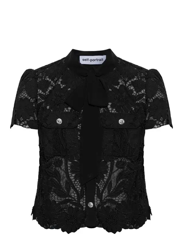 SELF-PORTRAIT Lace Short Sleeve Top With Pockets And Bow Detail - Black