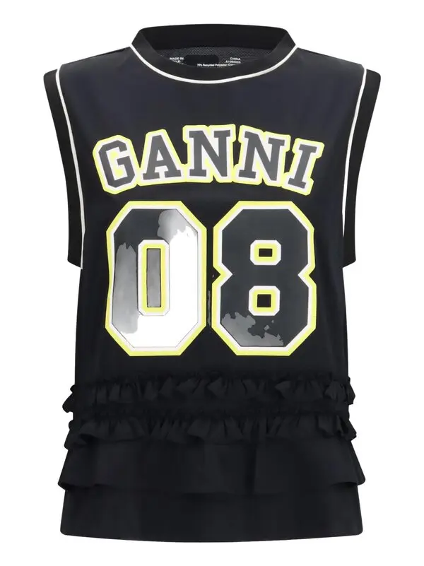 GANNI Ruffled Logo Tank Top - Black