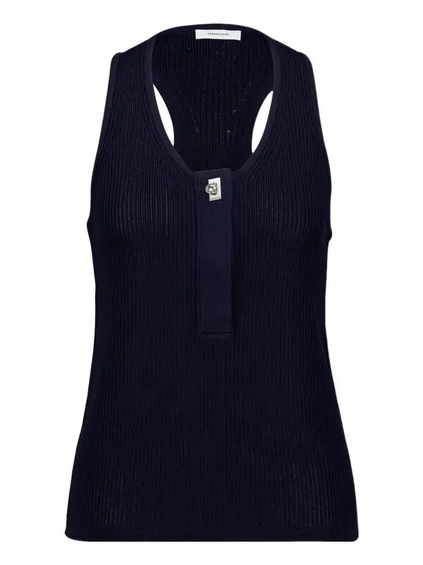 FERRAGAMO Gancini Plaque Ribbed Tank Top - Black
