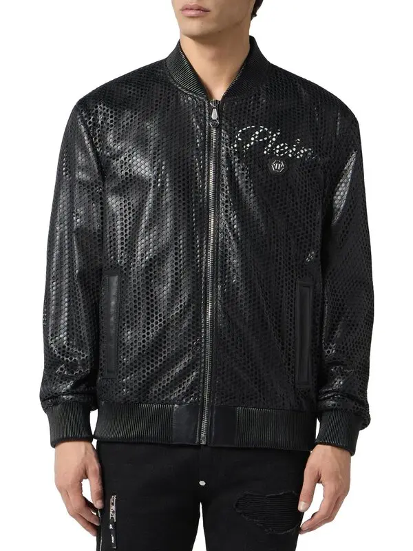 Philipp Plein Perforated Lambskin Leather Bomber Jacket - Black