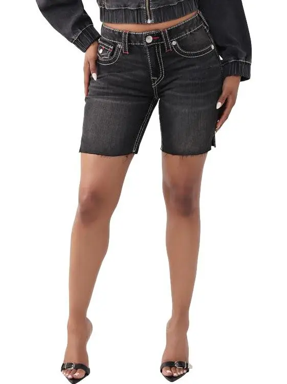 True Religion Miya Mid Rise Bermuda Big T Flap Shorts - Thunder Bloom