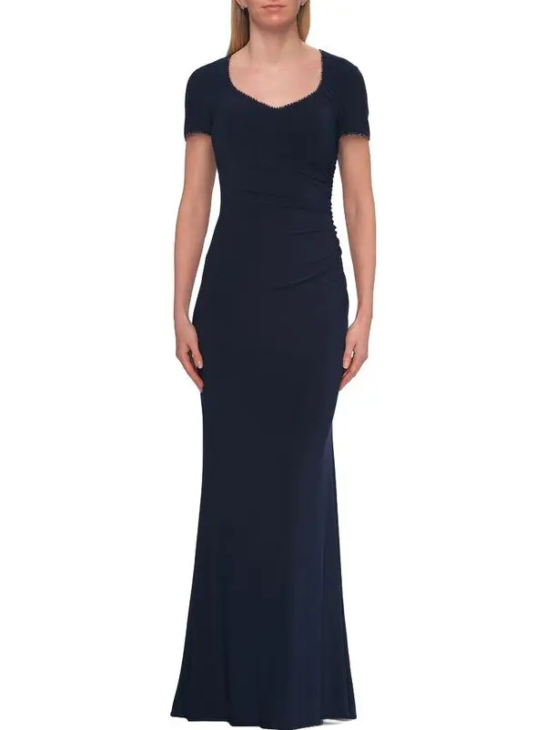 La Femme Short Sleeve Sweetheart Neckline Jersey Gown - Navy