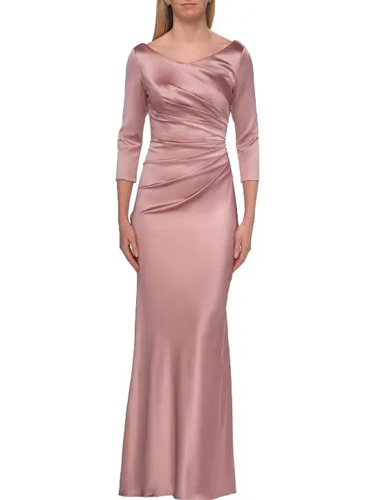 La Femme Satin Draped 3/4 Sleeve Gown - Mauve