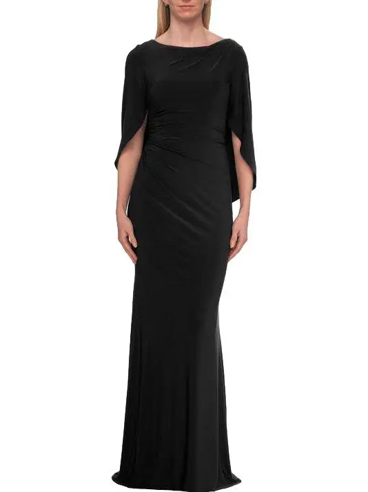 La Femme Draped Cape Sleeve Gown - Black