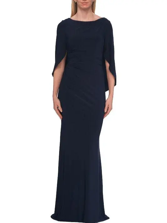 La Femme Draped Cape Sleeve Gown - Navy