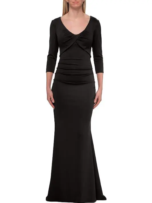 La Femme Three-quarter Sleeve V-neck Jersey Gown - Black