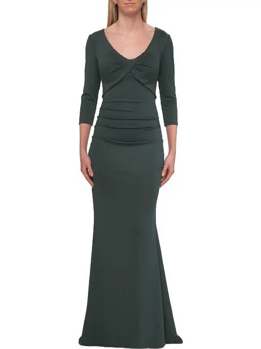 La Femme Three-quarter Sleeve V-neck Jersey Gown - Dark Emerald