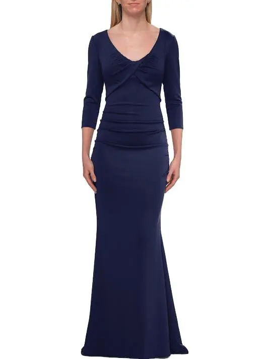 La Femme Three-quarter Sleeve V-neck Jersey Gown - Navy