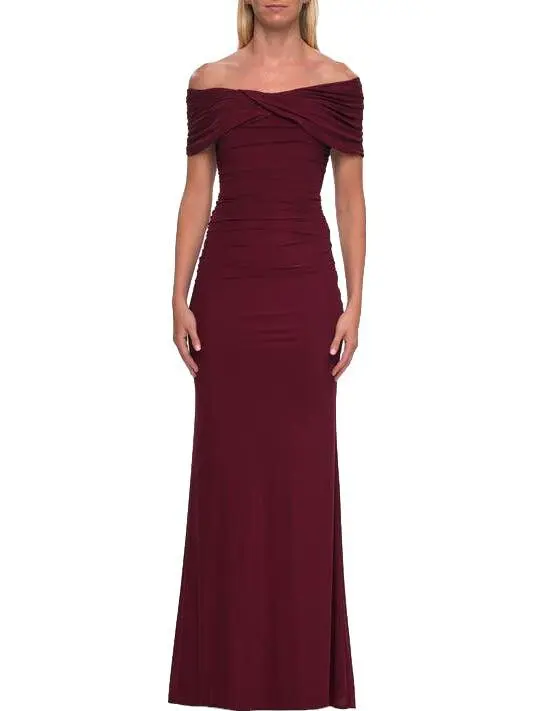 La Femme Off-the-shoulder Draped Jersey Gown - Wine