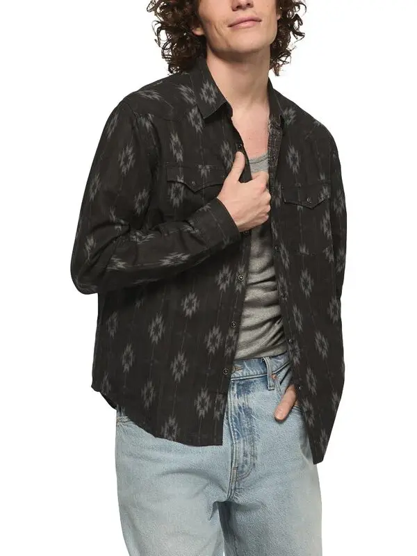 Lucky Brand Geo Pattern Slub Cotton Snap-up Western Shirt - Black Multi