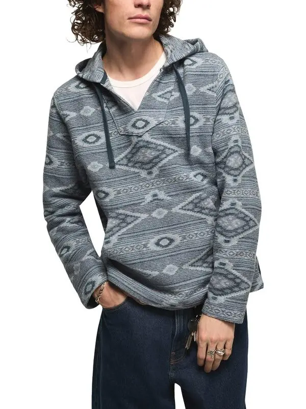 Lucky Brand Baja Woven Cotton Jacquard Pullover Hoodie - Blue Multi