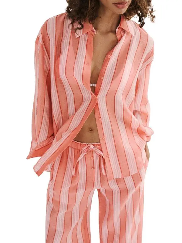 Mango Striped Button-up Shirt In Lyocell-blend - Orange