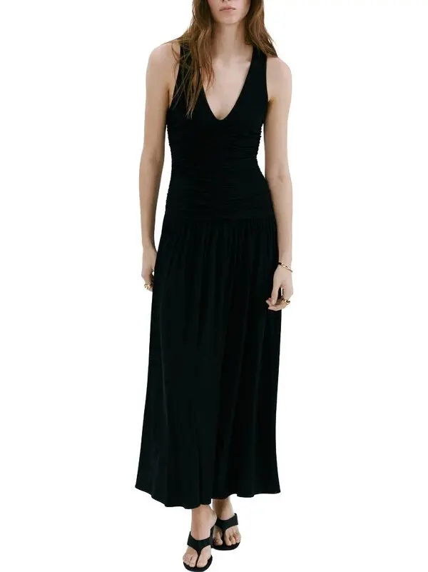 Mango Ruched Sleeveless V-neck Maxi Dress - Black