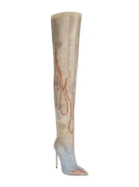 Philipp Plein Suede Over-the-knee Boots With Rhinestone Embellishments - Beige