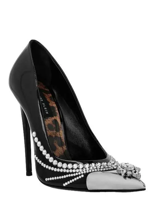 Philipp Plein Patent Leather Decollete Hi-heels Pumps With Embellished Toe Cap - Black