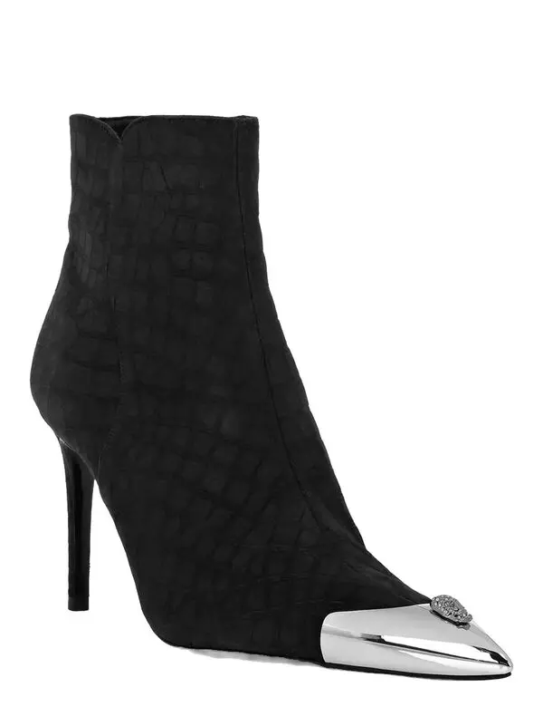 Philipp Plein Nubuck Croc Effect Ankle Boots With Jewel Embellished Cap Toe - Black
