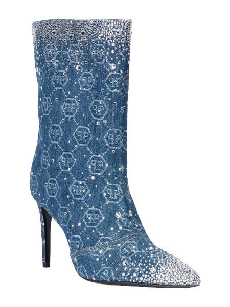 Philipp Plein Monogram Denim Ankle Boots With Rhinestone Embellishments - Lightblue
