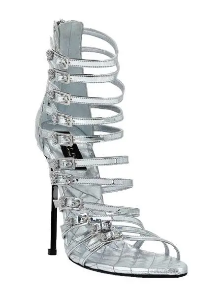 Philipp Plein Mirror Leather Skull Embellished Stiletto Sandals - Silver