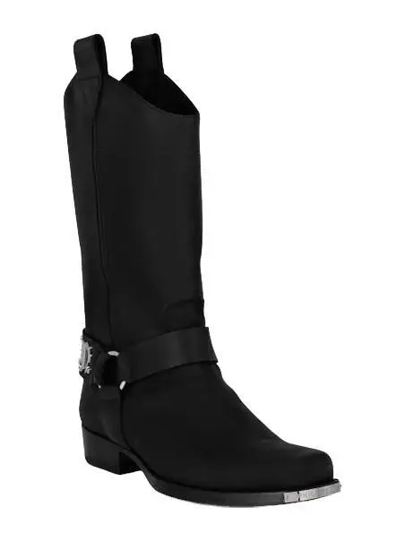 Philipp Plein Gothic Lettering Leather Harness Boots - Black