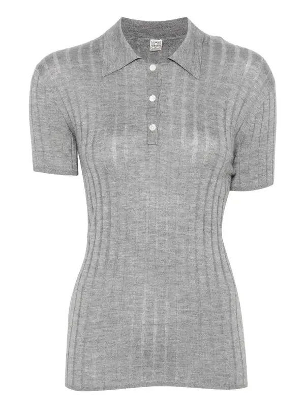 TOTEME Ribbed Knit Short Sleeve Polo - Grey
