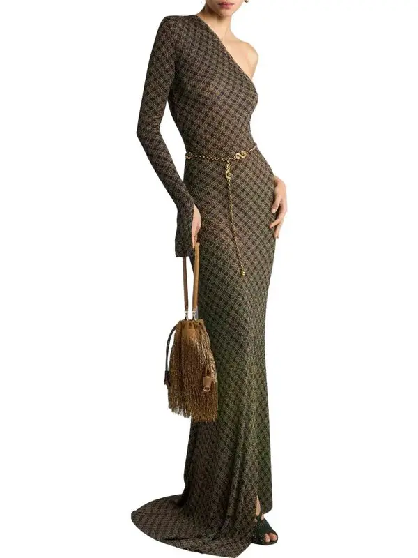 Etro Ribbed Long Dress With Micro Geometric Motif - Brown