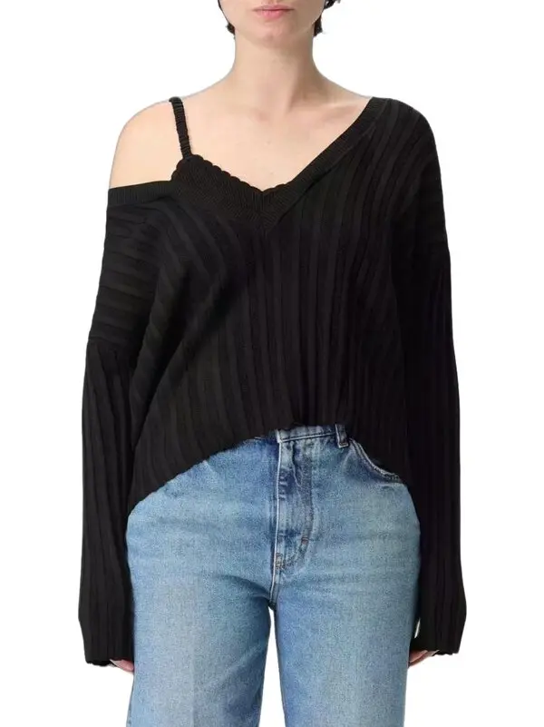 Moschino Ribbed Cold-shoulder V-neck Sweater - Black