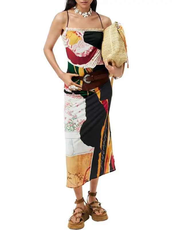 Desigual Patchwork Print Knit Maxi Dress With Lace Trim - Black