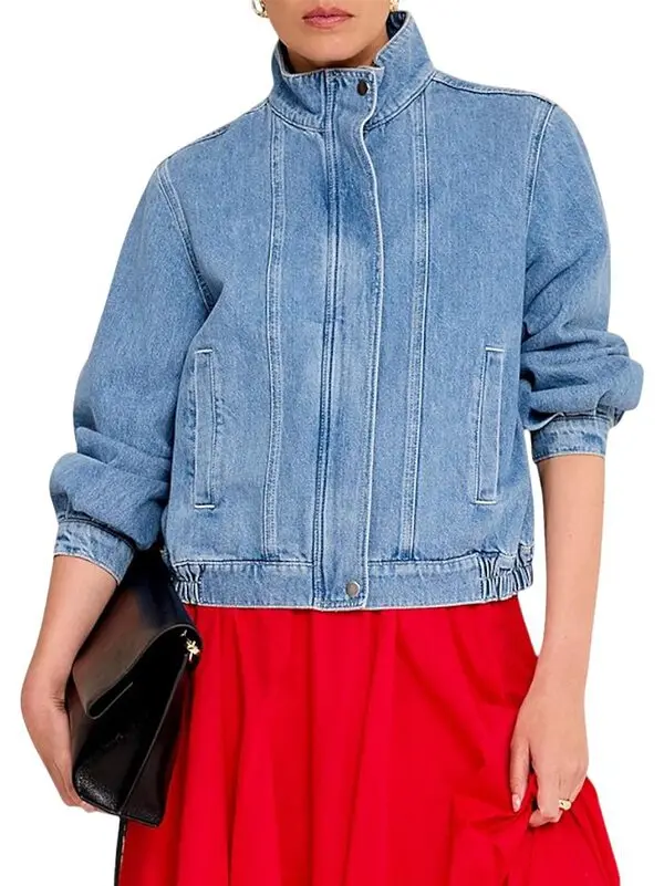 Mint Velvet Denim Bomber Jacket With High Neckline - Blue