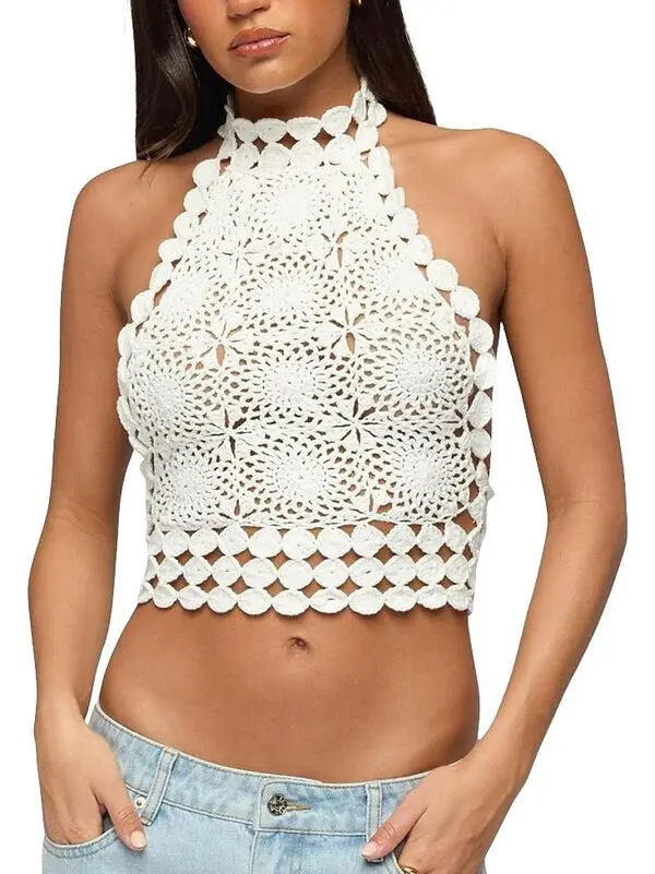 EDIKTED Crochet High Neck Halter Top - Cream