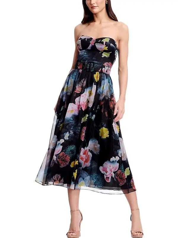 Dress The Population Strapless Floral Print Midi Dress - Black Multi