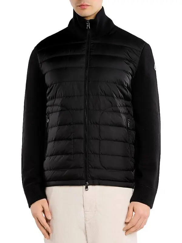 Moncler Wool Blend Cardigan With Down-filled Front - Black