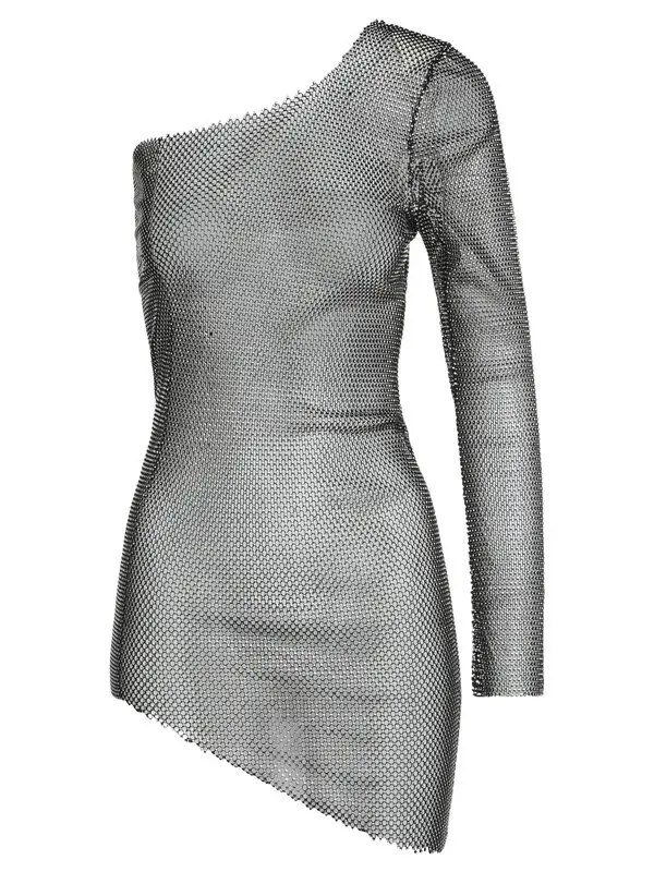 SANTA BRANDS Rhinestone Embellished One-shoulder Mesh Dress - Black