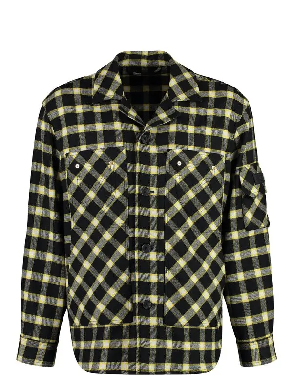 Versace Checked Wool Blend Shirt Jacket With Metallic Rivets - Black