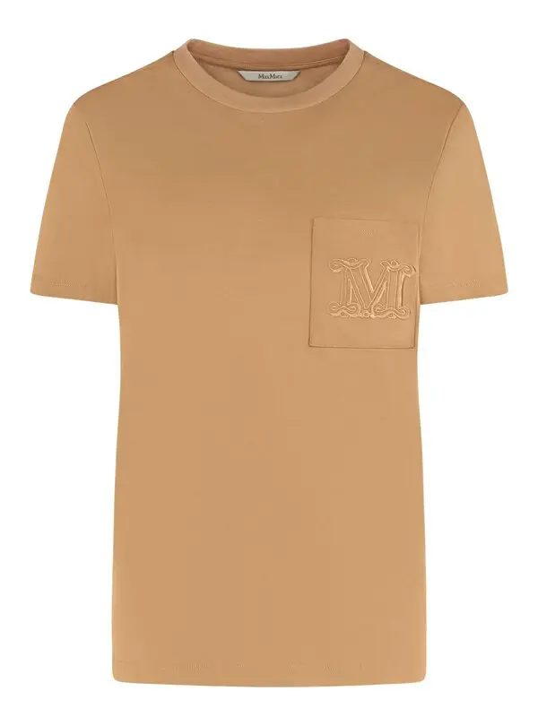 Max Mara Cotton Crewneck T-shirt With Embroidered Pocket - Camel