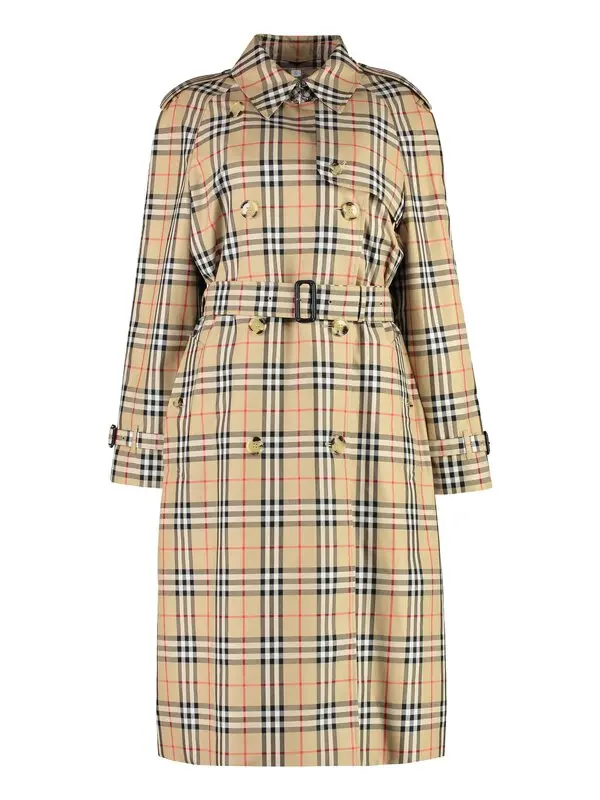 Burberry Long Check Collar Gabardine Trench Coat - Beige