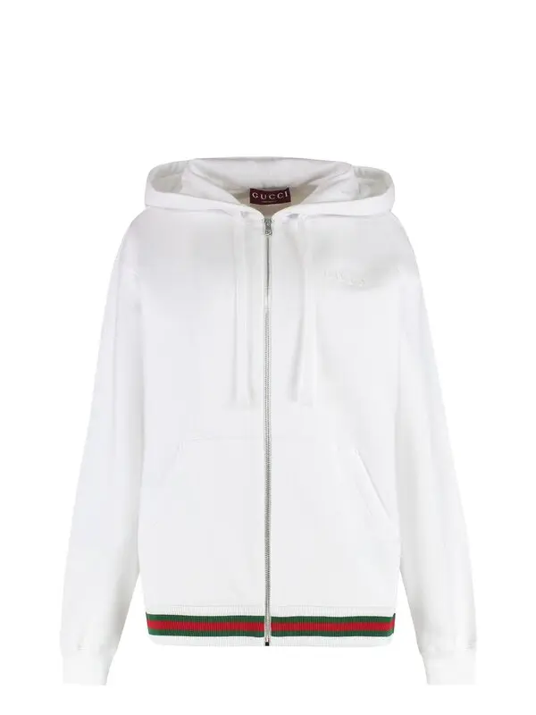 Gucci Zip-up Hooded Sweatshirt With Striped Cuffs - White
