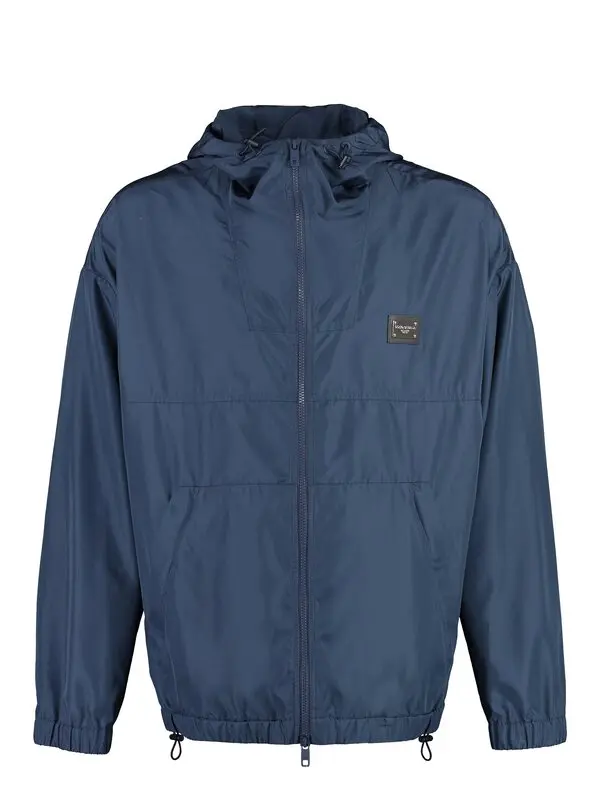 Dolce & Gabbana Hooded Nylon Jacket With Logo Detail - Blue