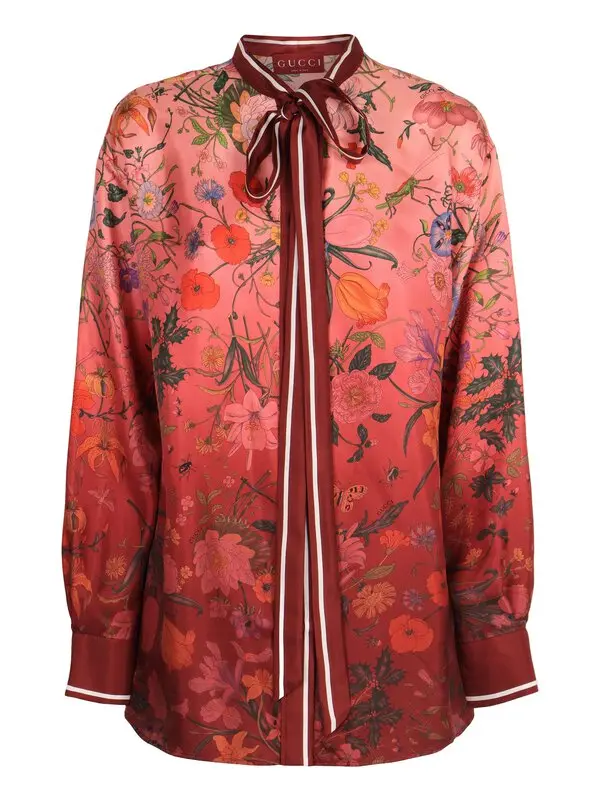 Gucci Silk Floral Print Tie Neck Shirt - Multicolor