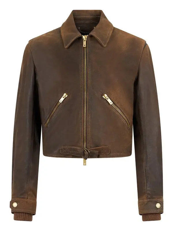 GOLDEN GOOSE Cropped Leather Biker Jacket - Brown