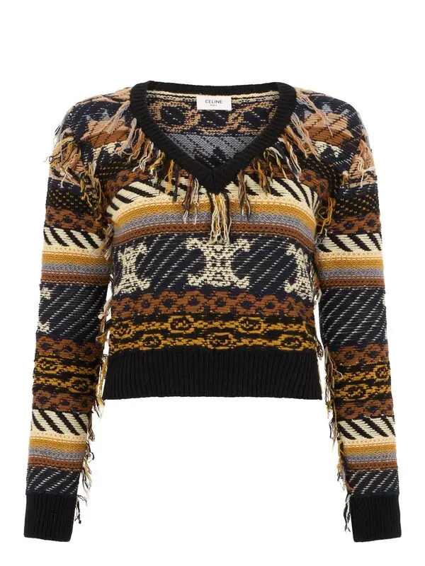 Celine Jacquard Cashmere V-neck Sweater With Fringe Detail - Multicolor